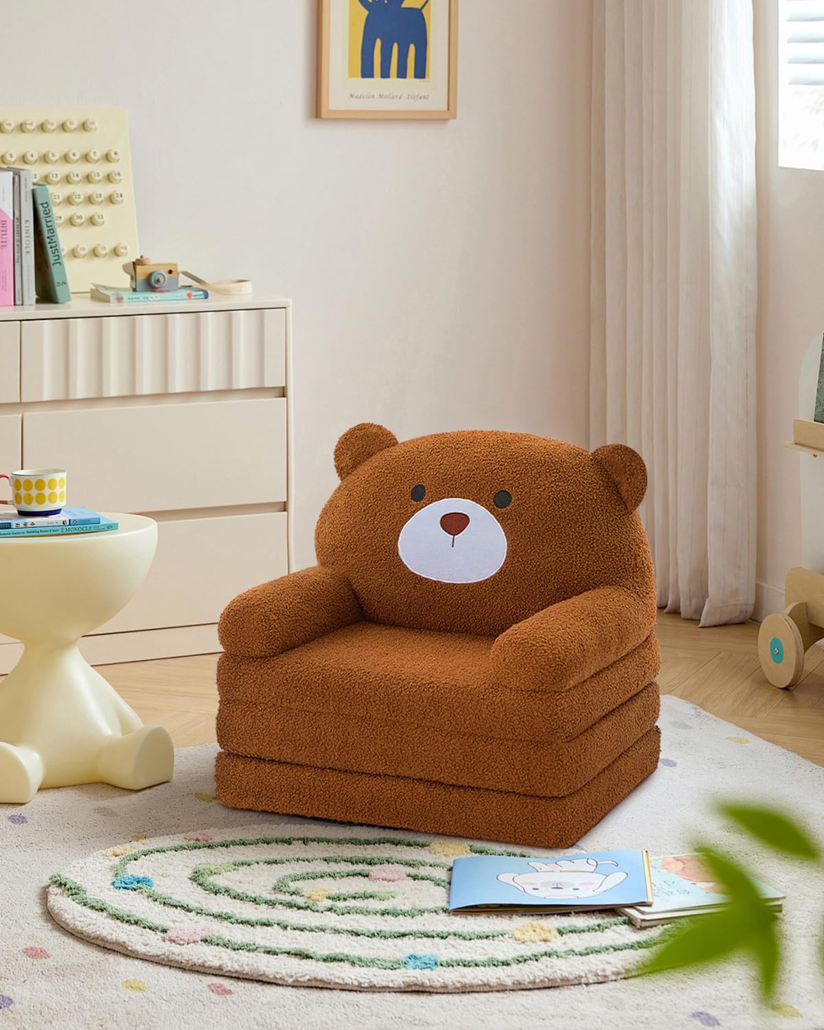 MOONBEEKI Comfy Toddler Chair, Kids Couch Fold Out to Lounger, Foldable Baby Sofa Plush for Girl and Boy Age 18 Months and Up ( Brown Bear)