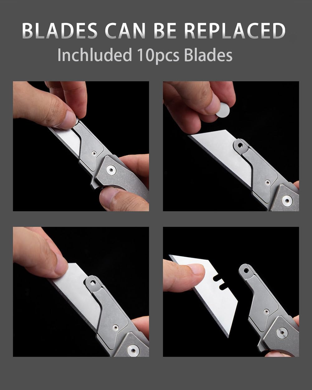 ainhue A373 Pocket Folding Flipper Utility Knife, 10pcs Replaceable Blades, 3.73 inches Stonewashed Titanium Handles Pocket Clip, Compact High-end Art Craft Wallpaper Cutter Electrician Knives