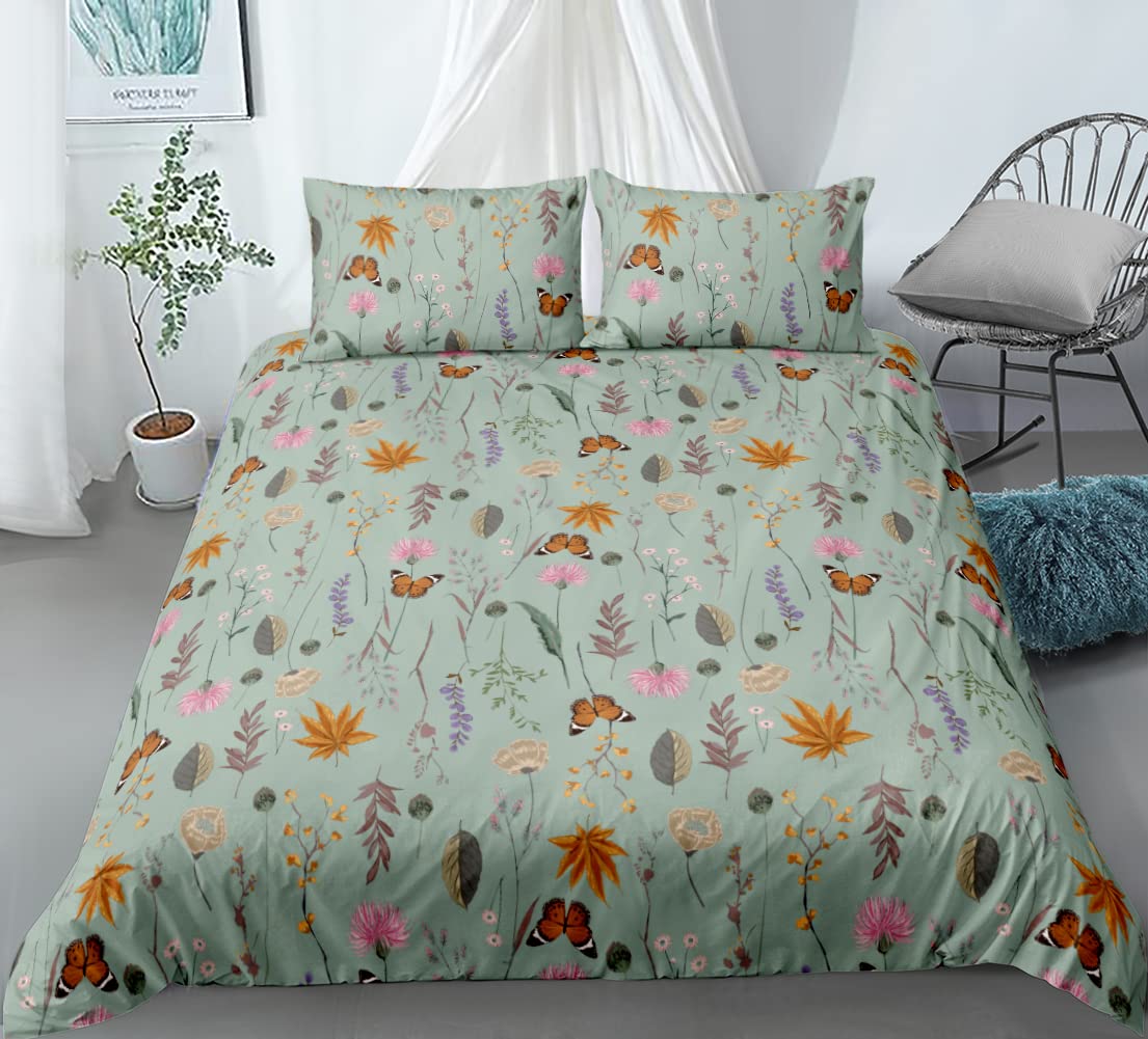 CoutureBridal Sage Green Floral Duvet Cover Queen Size Boho Aesthetic Pink Floral Colorful Botanical Yellow Butterfly Printed Bedding Set 3 Pcs Soft Microfiber Comforter Set with Zipper Ties