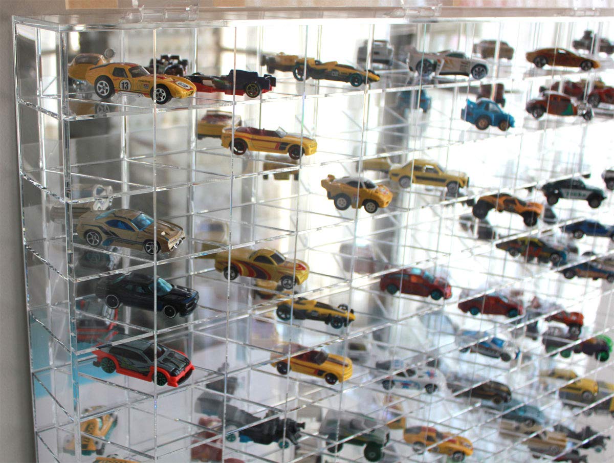 DisplayGifts Clear Acrylic Display Case for 1:64 Scale Hot Toy Cars Wheels Model Cars Display with 144 Compartments in 45 Degree Angle, Clear, UV Protect 22.5 X 30.4 X 3 Inches, Wall Mounted Storage