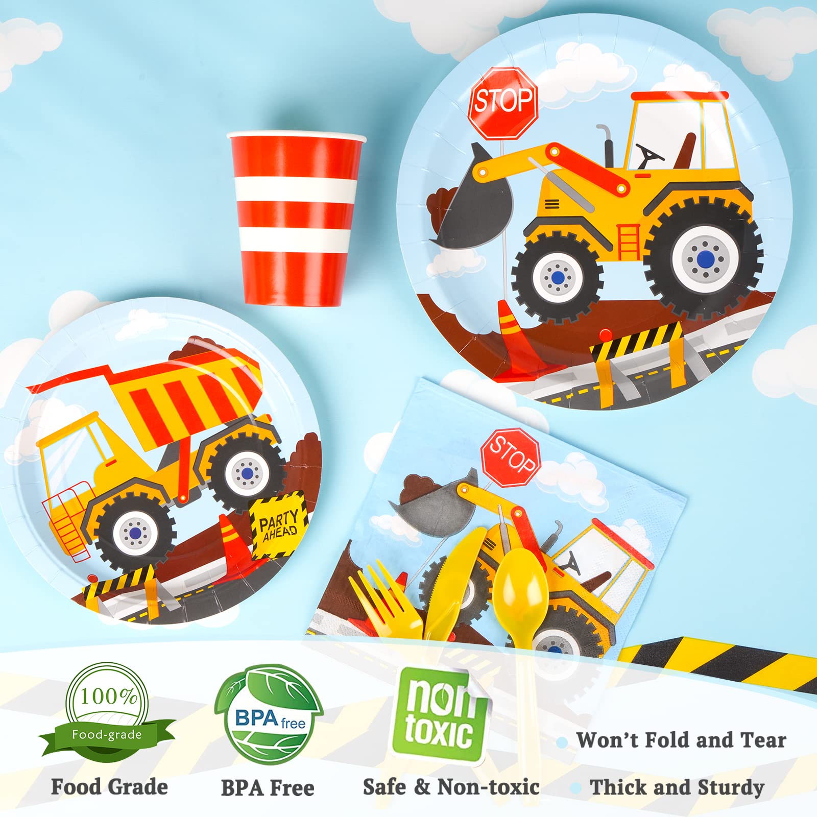 DECORLIFE Construction Birthday Party Supplies Serves 24, Construction Party Plates, 54" x108" Tablecloth, Pre-strung Banner Included, Total 170PCS