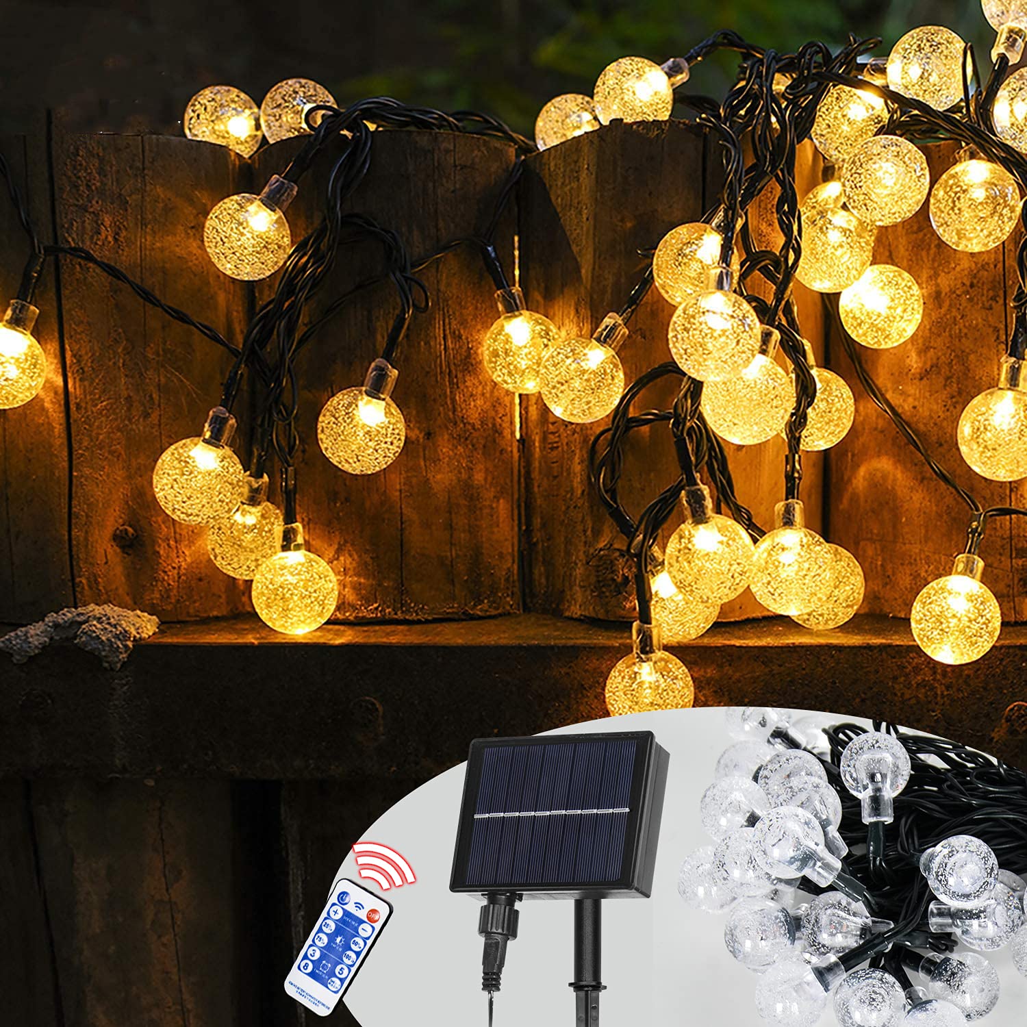 DING.PAI Solar Outdoor String Lights, Waterproof Solar Lights Outdoor with 80 LED Crystal Lamp Beads 8 Switching Modes for Garden Yard Porch Wedding Party Decor (Warm Yellow, 40FT)