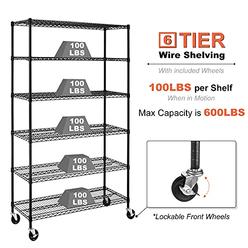 YYkokocat 6000Lbs Capacity Heavy Duty Storage Shelves Commercial Wire Shelving Unit and Storage Adjustable NSF 6 Tier Metal Rack Shelf on Wheels for Garage Basement, 76 H x 48 L x 18 D - Black