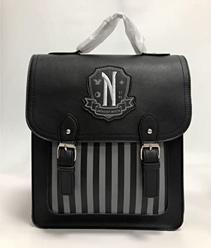 CLESUZ Wednesday Backpack Vintage Black Leather Backpack with Adjustable Shoulder Straps and Trendy Keychains Preppy Y2K Gothic Academy Backpack (GreyStripes)