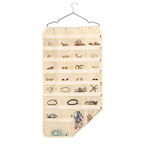SPIKG 56 Pockets Dual Sided Jewelry Hanging Organizer Oxford Storage Bag with Zipper Hanger (Beige)