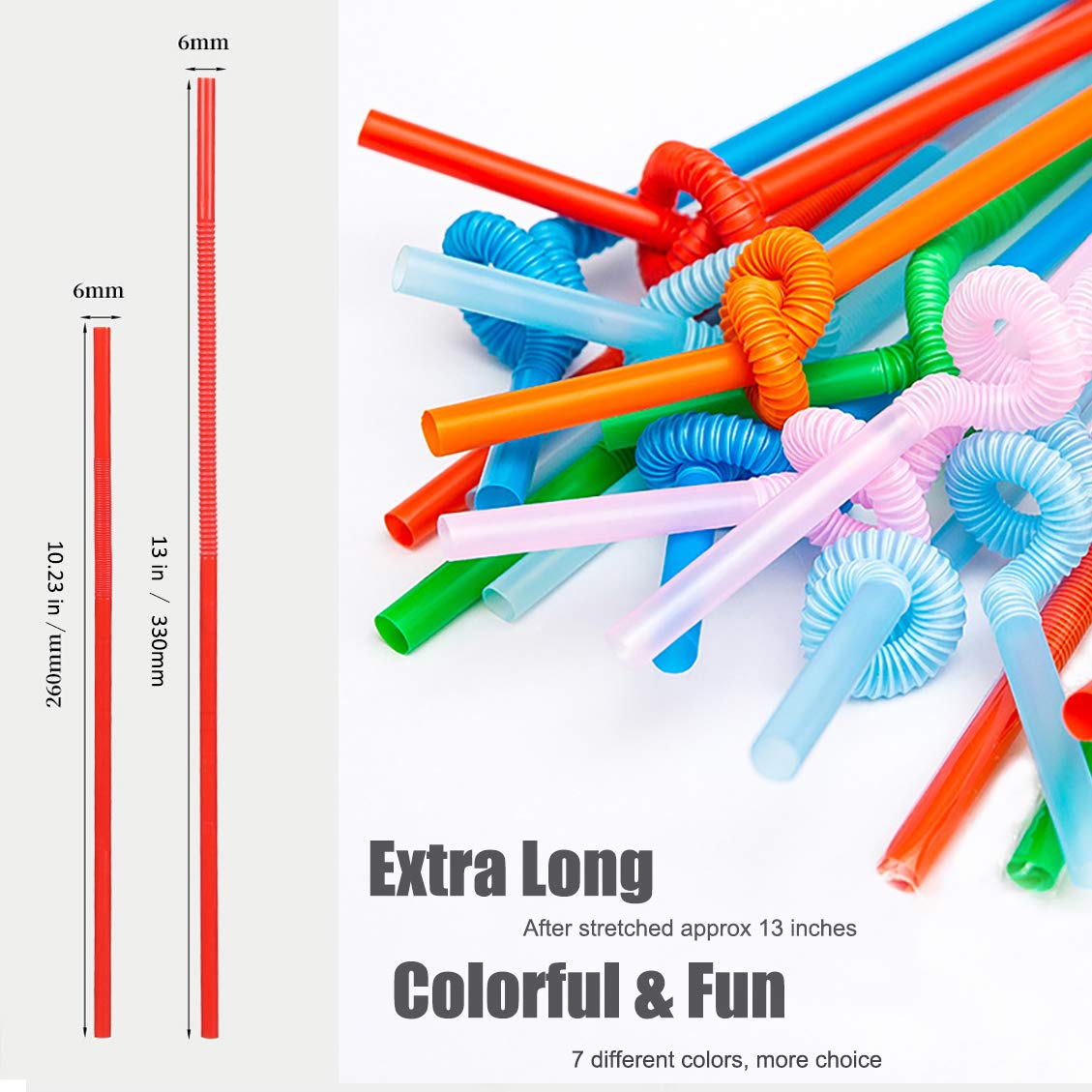 ALINK 200 PCS Flexible Plastic Drinking Straws, 10.2 Inches Extra Long Colorful Disposable Bendy Party Fancy Straws