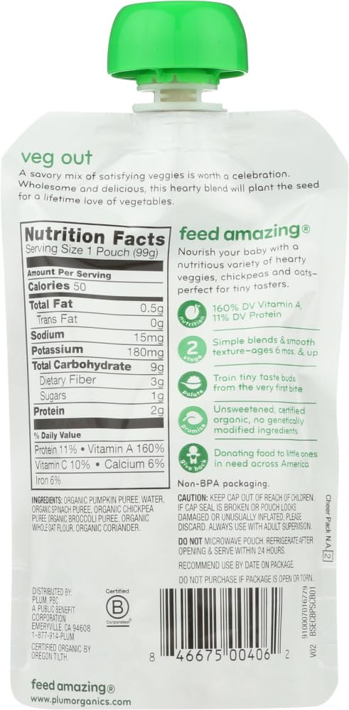 Plum Organics Stage 2 Organic Baby Food, Pumpkin, Spinach, Chickpea & Broccoli, 3.5 Ounce Pouch (Pack of 6)