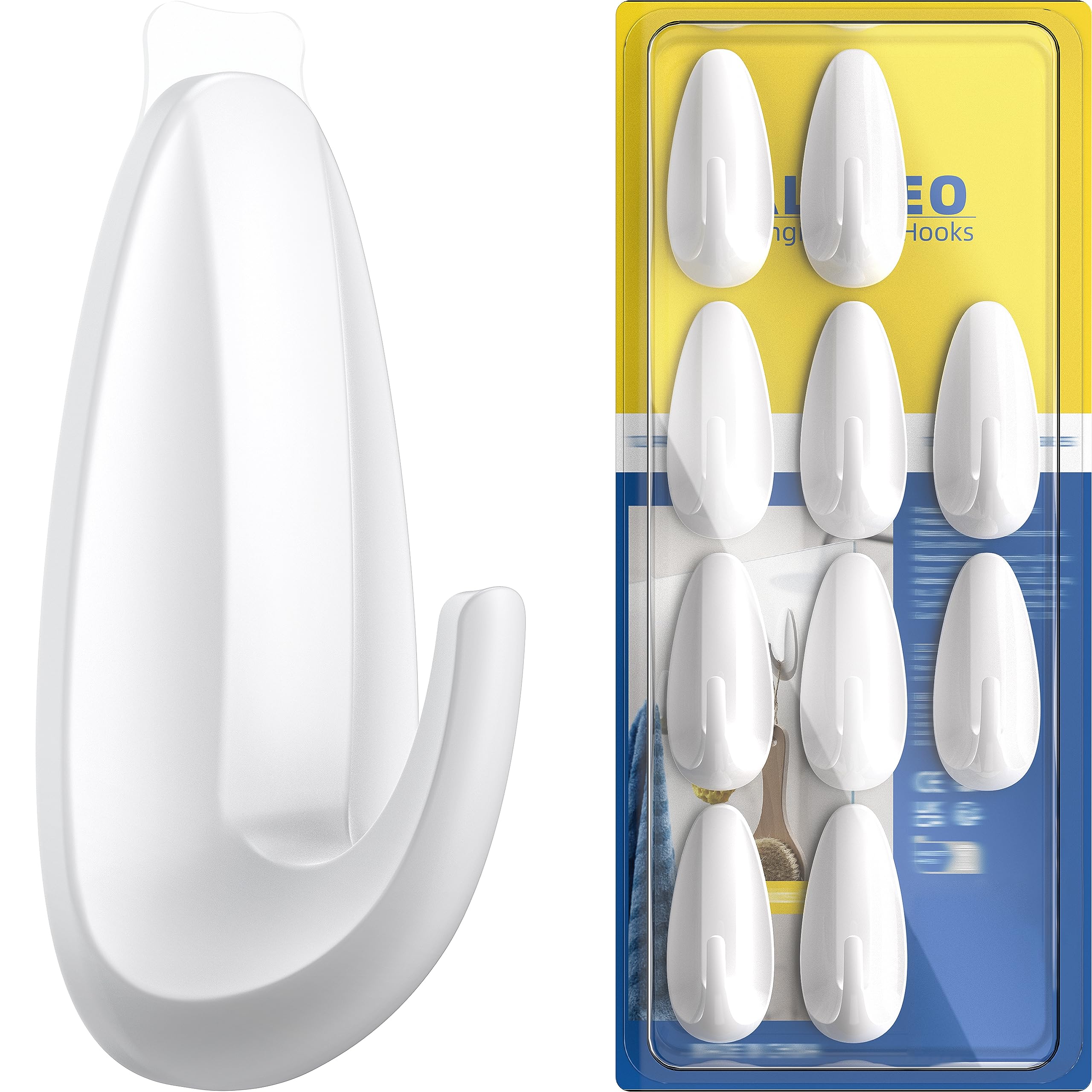 ALOCEO 10 Adhesive Towel Hooks with 11 Adhesive Strips,Wall Hooks for Hanging,Shower Hooks for Wall,Sticky Hooks for Bathroom,White