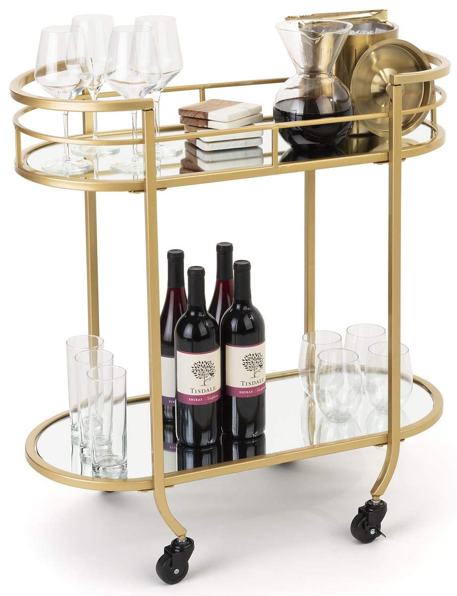 Displays2go Champagne Gold Drinks Trolley, Mirrored Glass Decks, Four Casters - Satin Finish (FSBEVCART5)