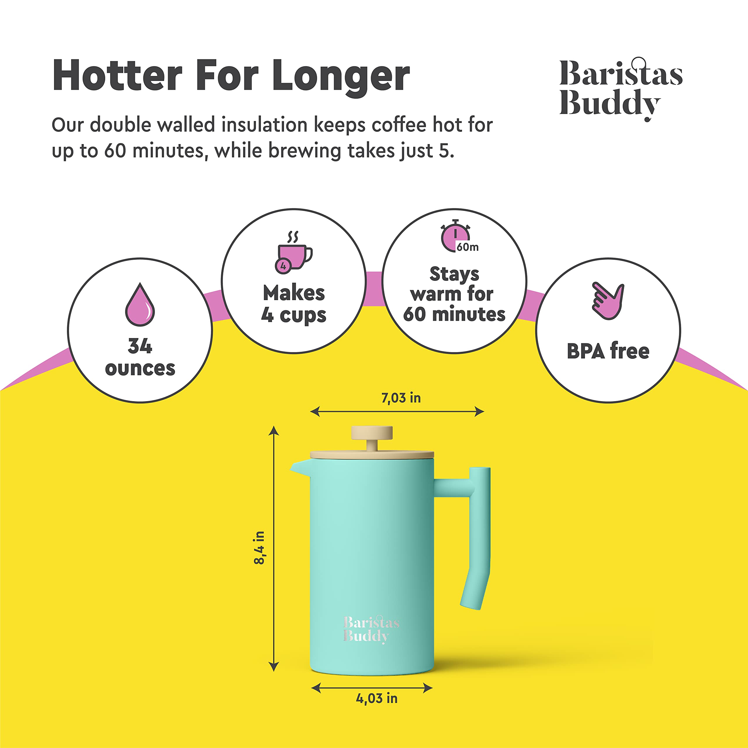 BaristasBuddy French Press Coffee Maker - Insulated, Stainless Steel Manual Coffee Makers For Home, Office Or Camping - Large 34oz Capacity For 4 Cups