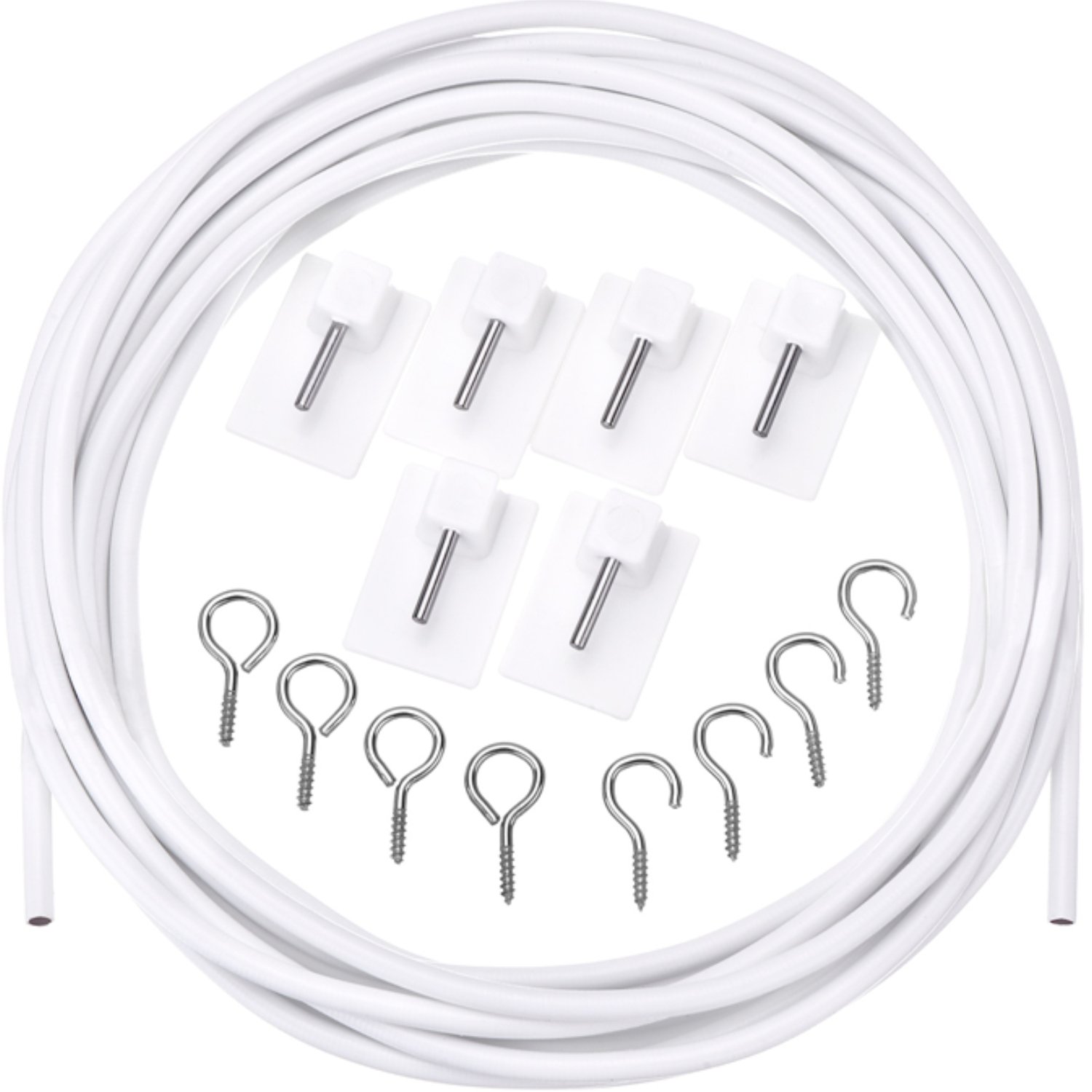 Shappy Curtain Wire with Self-adhesive Hooks, Hooks and Eyes for Net Curtain Rod (3 Meters, 4 Pairs)