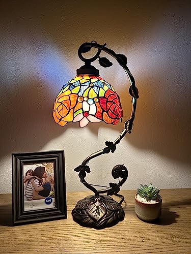 Enjoy Tiffany Style Table Lamp Stained Glass Rose Flowers Iron Metal Leaves Bronze Base Vintage for Living Room Dining Room Bedroom Bedside Office Hotel H21*W11 in