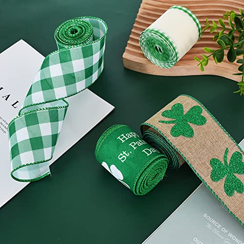 TONIFUL Green and White Wired Burlap Ribbon, 2.5 inch x 6yd, Green Plaid Check Ribbons for St Patrick's Day Decor,Spring Summer Wreath Making, Bows Crafts Gift Wrapping