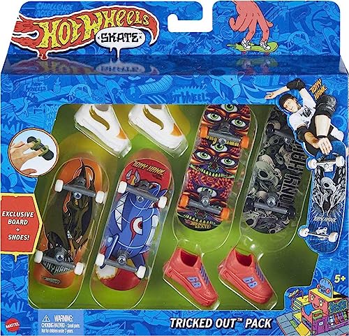 Hot Wheels Skate Tricked Out Pack, 4 Tony Hawk-Themed Fingerboards & 2 Pairs of Skate Shoes, Includes 1 Exclusive Set (Styles May Vary)