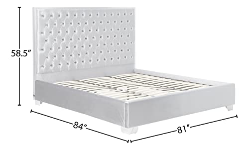 Meridian Furniture Lexi Collection Modern | Contemporary Velvet Upholstered Bed with Deep Tufting, Polished Chrome Stainless Steel Frame and Legs, King, Grey