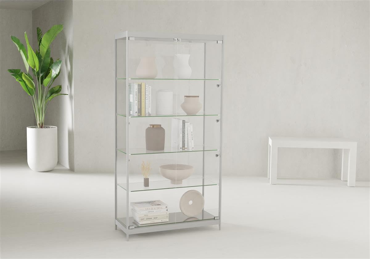 Displays2go Retail Display Cabinets with Glass Shelving, LED Light, MDF Laminate & Aluminum β Silver (LESC10478S)