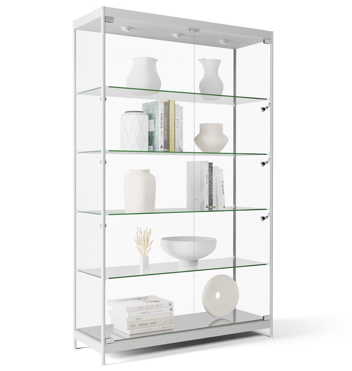 Displays2go Tempered Glass Showcases in Silver, Anodized Aluminum & Melamine, LED Lighting – Silver (LESC4816SV)