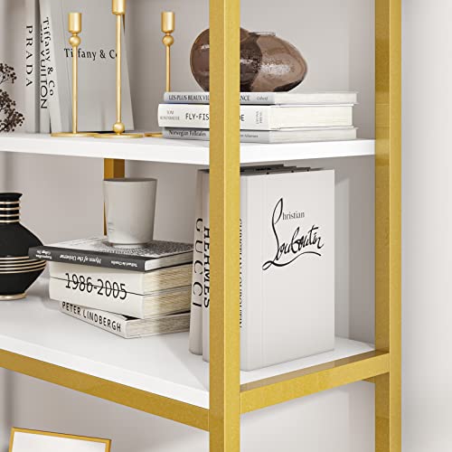 HITHOS Bookshelf, Tall Bookcase with 2 Drawers and Storage Shelves, Industrial Etagere Bookcase Book Shelves for Office, Living Room, Bedroom, White/Gold