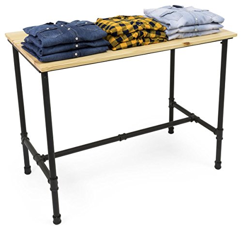 Displays2go, Large Pipe Display Table, Metal and Pine Wood Construction β Natural Finish, Black Hardware (PPLNNSTLRG)