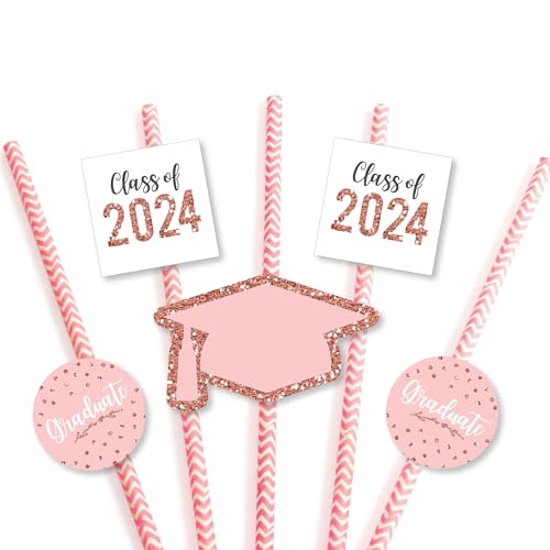 Big Dot of Happiness Rose Gold Grad - Paper Straw Decor - 2024 Graduation Party Striped Decorative Straws - Set of 24