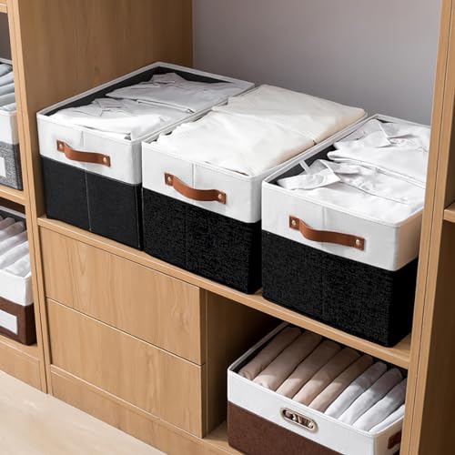 BeigeSwan Medium 23 Liter Collapsible Stackable Storage Bins with Lids, 3 Packs Foldable Fabric Closet Boxes Lidded Storage Bins Heavy-duty Fabric Baskets Organizers Storage (15.4” x 10” x 9.5”)