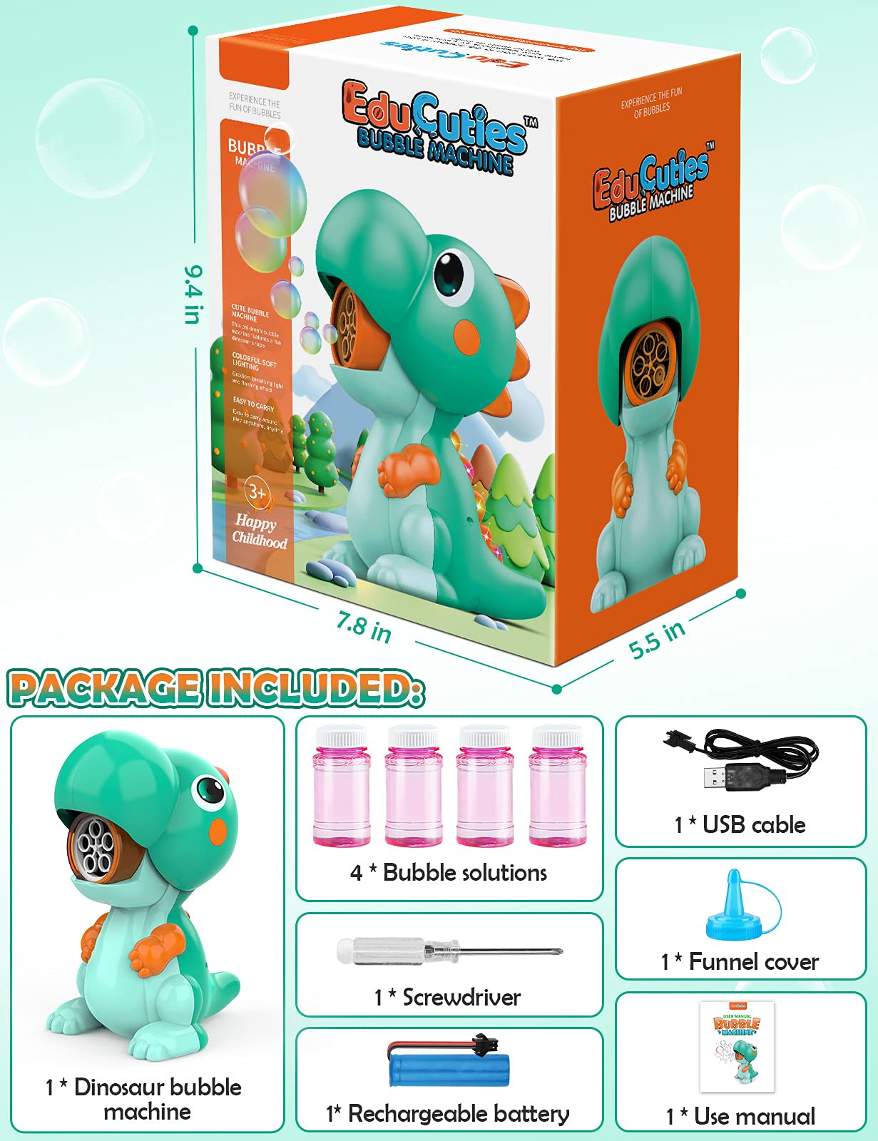 EduCuties Bubble Machine for Kids, Dinosaur Toys Automatic Bubble Blower Maker with Solutions for Toddlers Ages 4-8 Outdoor Toy for 3 4 5 6 Year Old Boys Girls Birthday Gift Present- Green
