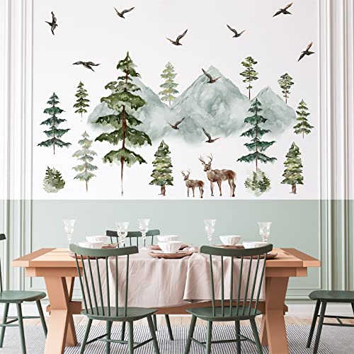 Mountain Wall Decals Large Pine Tree Wall Decals Peel and Stick Forest Tree Woodland Deer Birds Animal Wall Decals Mountain Tree Wall Stickers for Kids Room Nursery Decor