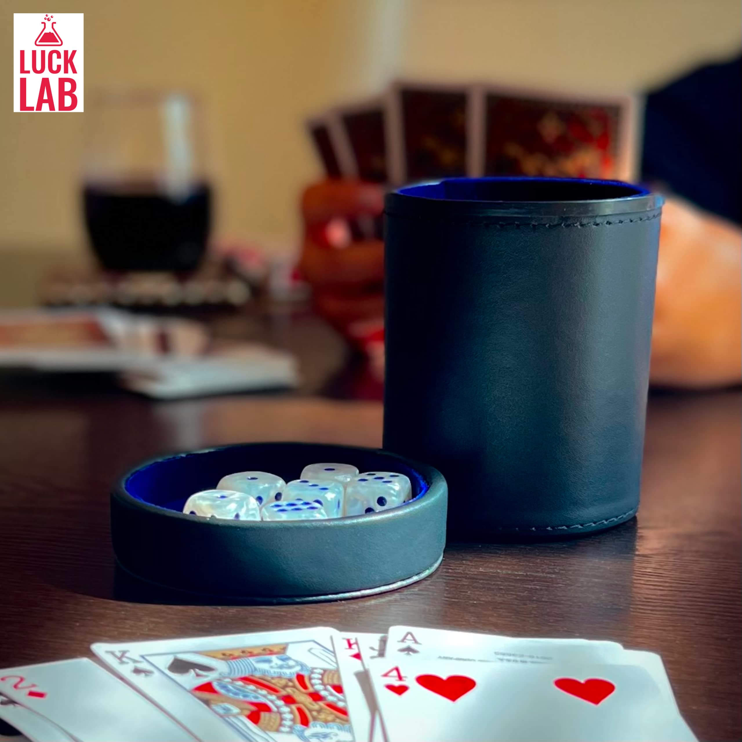 Luck Lab Black Leather Dice Cup with Lid Including 6 Matching Pearl Dice - Blue Velvet Interior for Quiet Shaking - Use for Liars Dice Farkle Yahtzee Board Games, Black