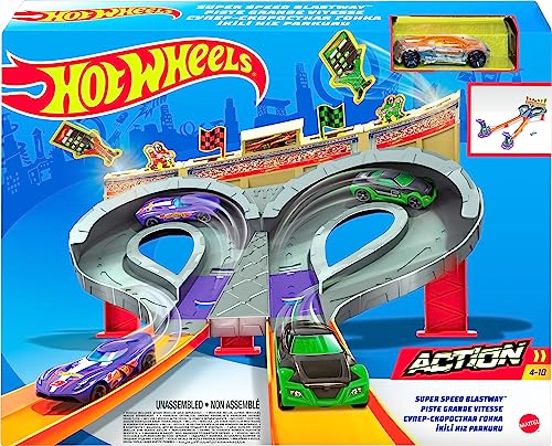 Hot Wheels Toy Car Track Set Super Speed Blastway, Dual-Track Racing for 1 or 2 Players, 1:64 Scale Car [Amazon Exclusive]