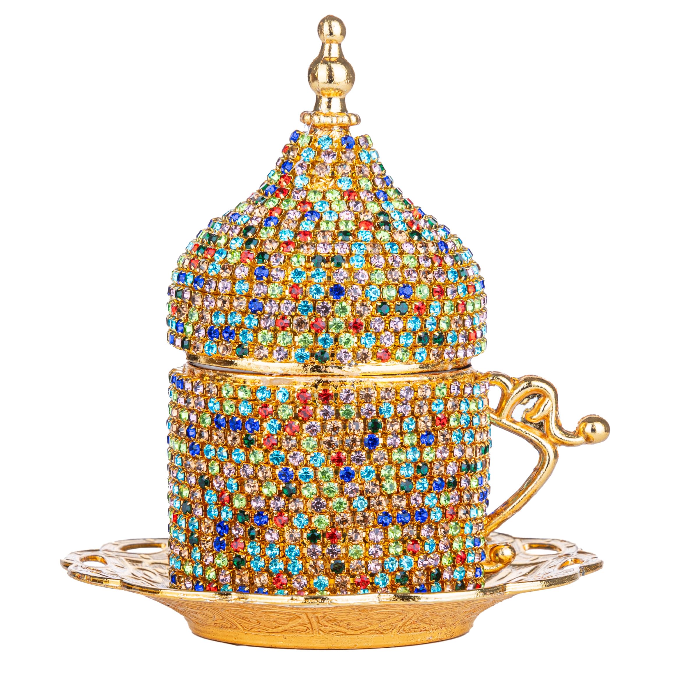 Alisveristime Crystal Embellished Turkish Coffee Set – 27 Pieces – Decorative Zamac Espresso Cups, Saucers and Sugar Bowl with Tray – Available in Three Color Variations (Multi)