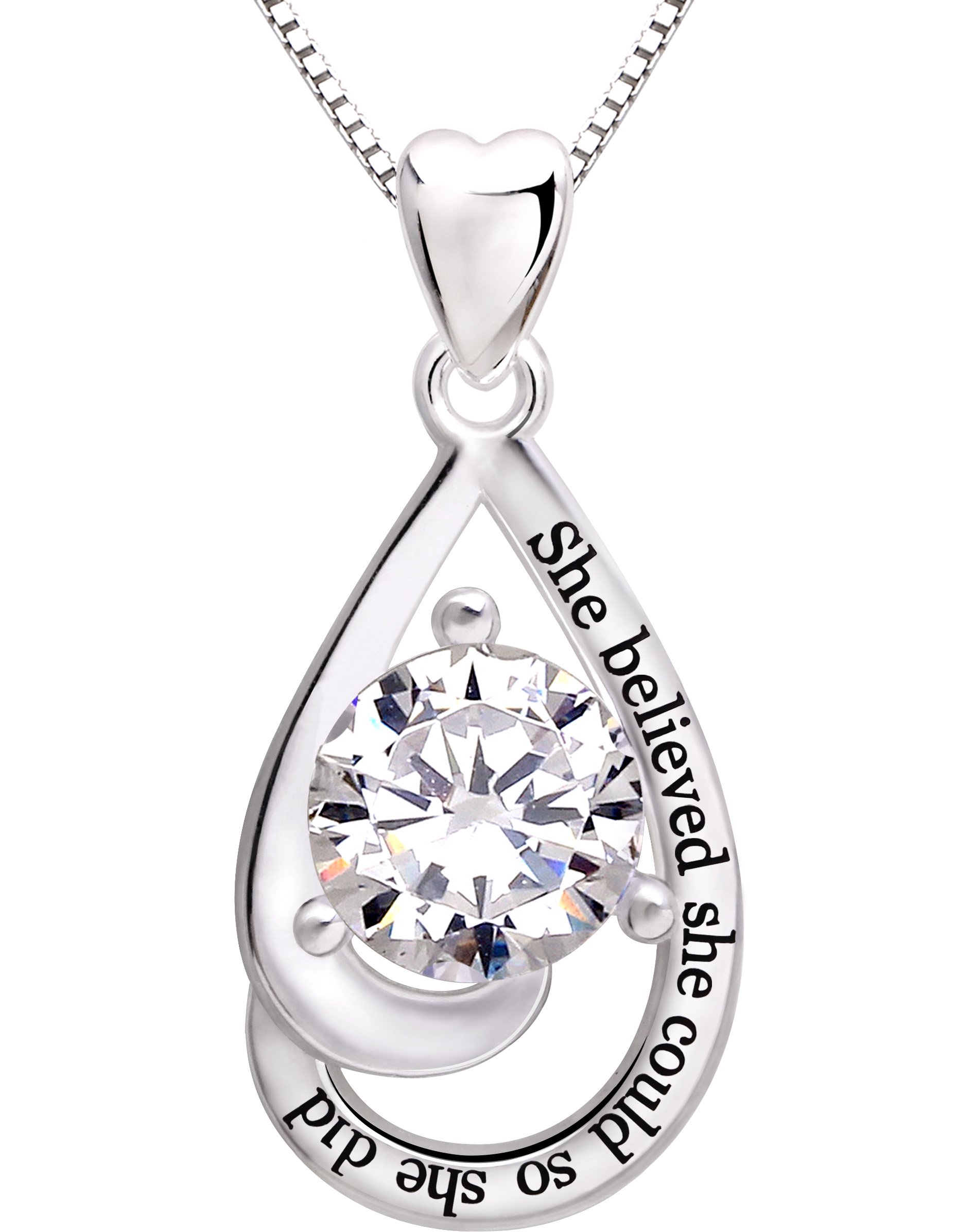 ALOV Jewelry Sterling Silver "She believed she could so she did" Cubic Zirconia Pendant Necklace