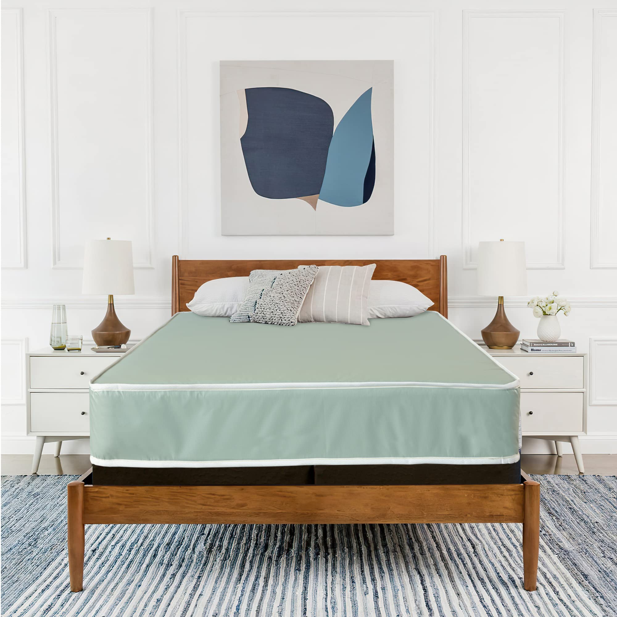Treaton Pressure Relieving & Cooling High Density Foam Queen Mattress - 9-inch Water Proof Vinyl Medium Firm Tight Top Pocketed Coil Rolled Hybrid Mattres with 8” Wood Box Spring, Bed in Box, Green