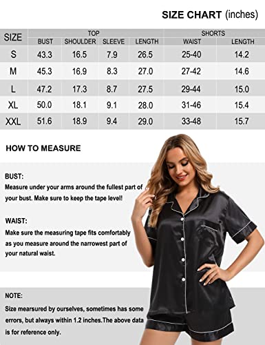 Finvizo Womens Silk Satin Pajamas Set: Soft Short Sleeve Two-piece Pjs Silky Button-down Sleepwear Loungewear Shorts Set,Black XXL