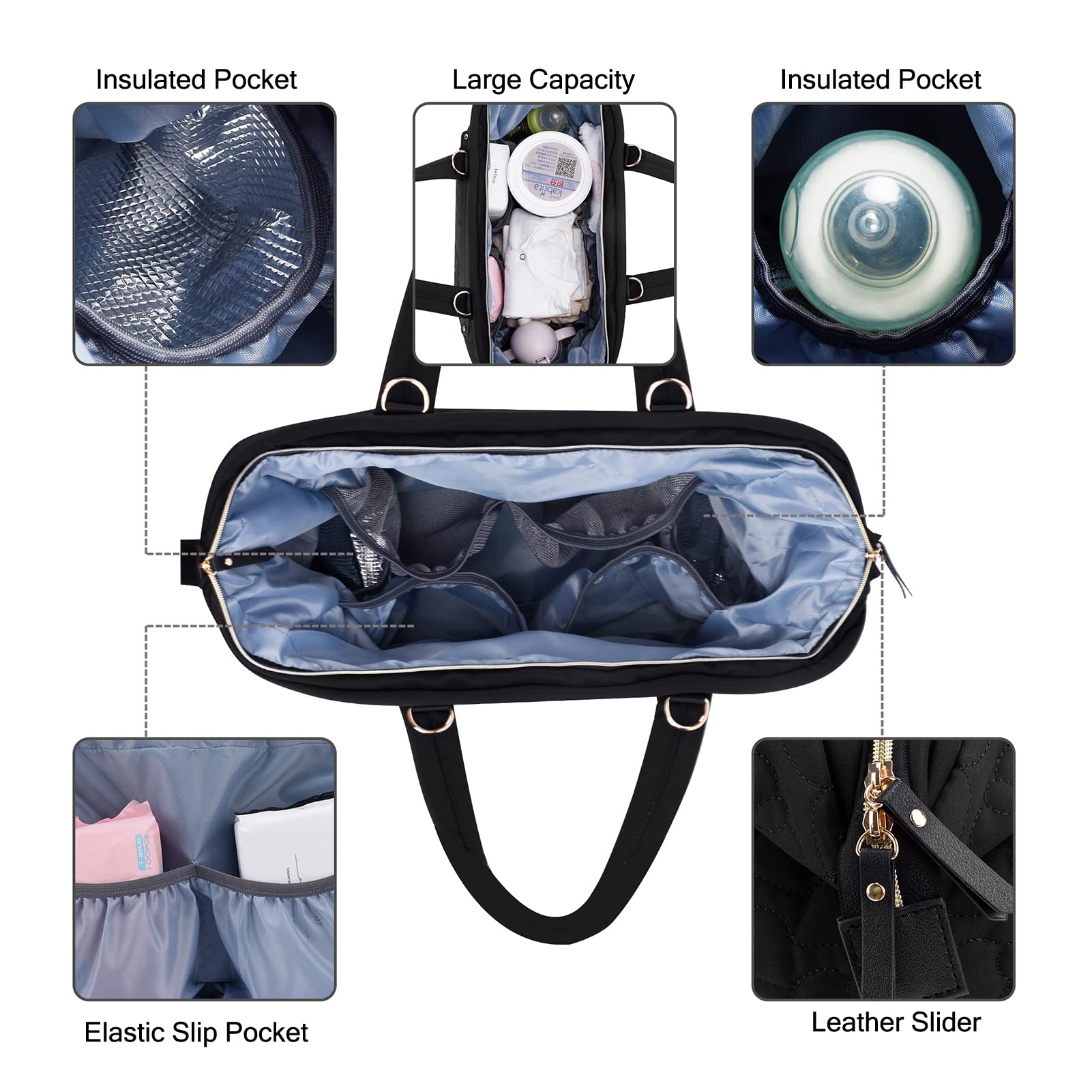 Bebamour Diaper Bag,Diaper Changing Totes Bag for Mom and Dad Multi-function Baby Diaper Bag Stylish Large Capacity Mommy Bag For Travel (Black)