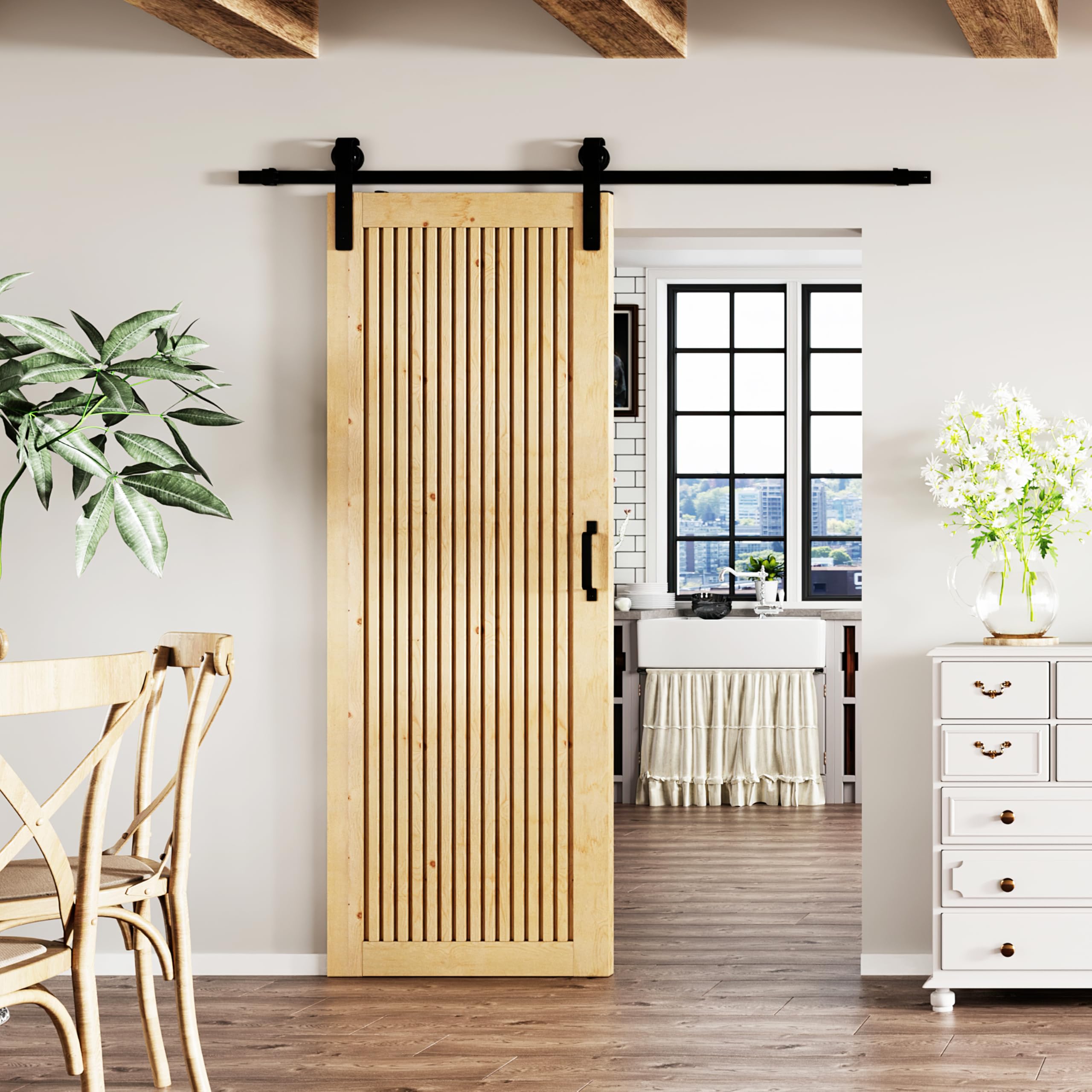BARNER HOME 72"(Double 36") x 84" Sliding Barn Door with 6.6ft Barn Door Hardware Kit & Handle, Pre-Drilled Ready to Assemble, K Frame Planks
