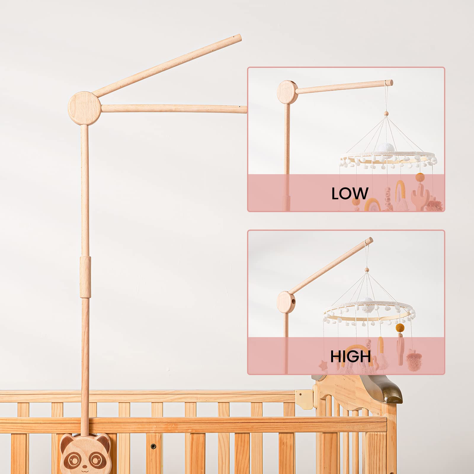 BABY REMEMBER Wooden Baby Crib Mobile Arm Panda-Shape Baby Mobile Holder 100% Beech Crib Mobile Hanger for Crib (Panda)