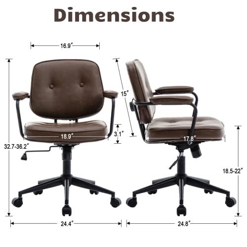 HEAH-YO Modern Home Office Desk Chair, Height-Adjustable Computer Desk Chair with Wheels and Arms, Swivel Task Chair with Back Support for Home Office, PU Brown