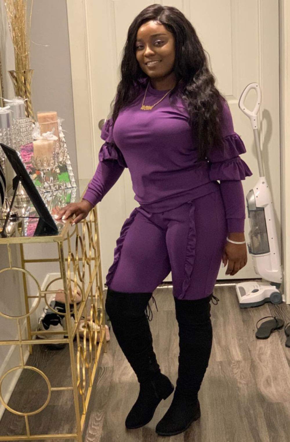 Akmipoem Casual Ruffle Two Piece Outfits Pullover Tops and Pants Jumpsuit Set for Ladies Purple XL