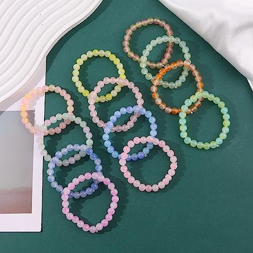 FINZOR 24Pcs 8mm Beaded Stretch Bracelet Handmade Round Glass Bracelet for Women Multicolor Matte Beads Elastic Bracelet Shining Beads Wristband Valentines Jewelry