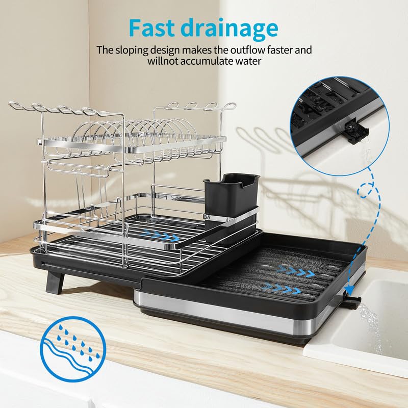 ALICESGARDEN Dish Drying Rack, 2 Tier Dish Rack, Expandable Bottom Dish Racks for Kitchen Counter with Utensil Holder Cutting Board Holder,Rust-Proof Stainless Steel Drying Rack for Kitchen Sink