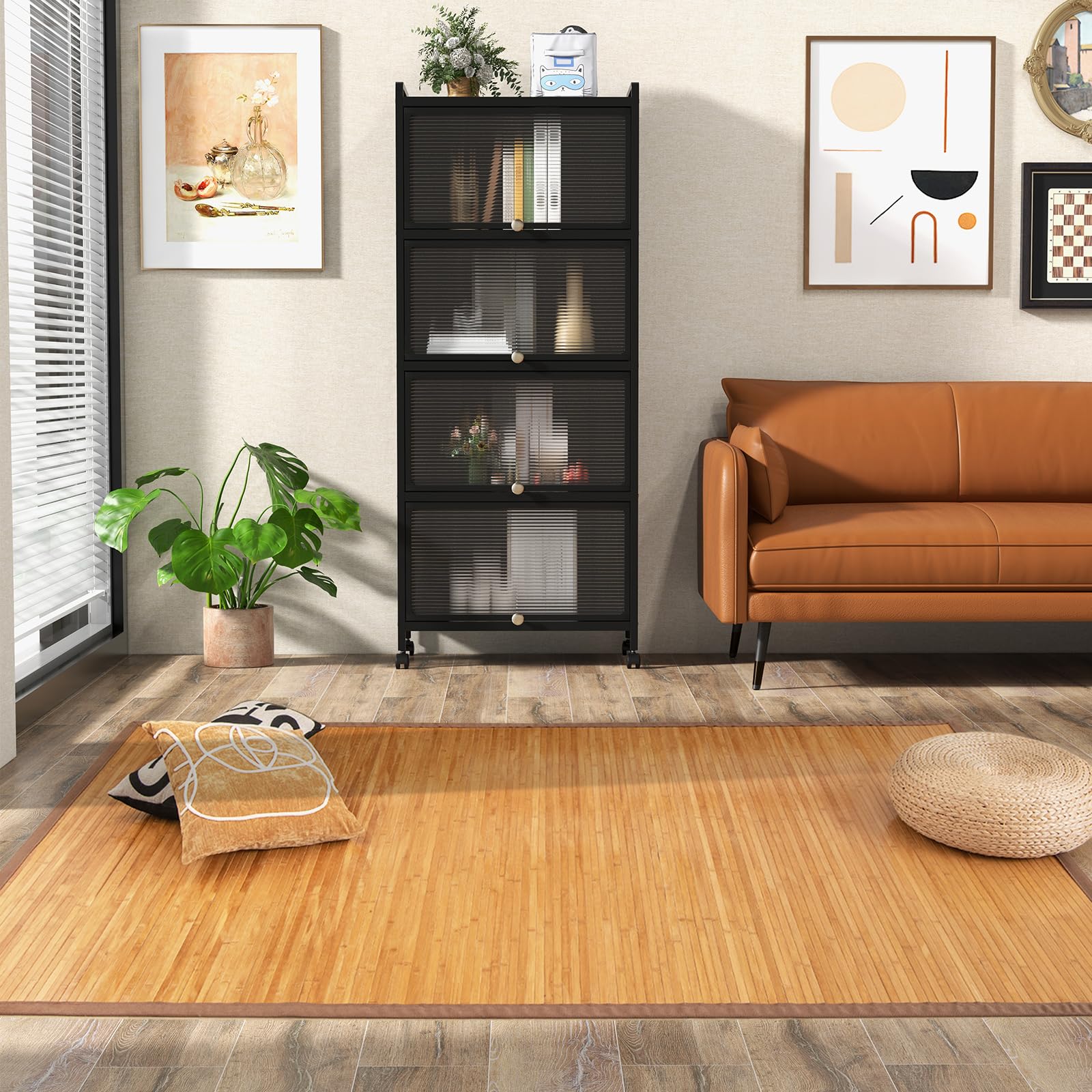 Giantex 5’ x 8’ Bamboo Area Rugs - Floor Mat with Anti-Slip Backing, Durable Roll-up Floor Rug, 60” x 96” Indoor Mat Rug for Dining Room, Living Room, Bedroom, Entryway, Bamboo Carpet (Modern)