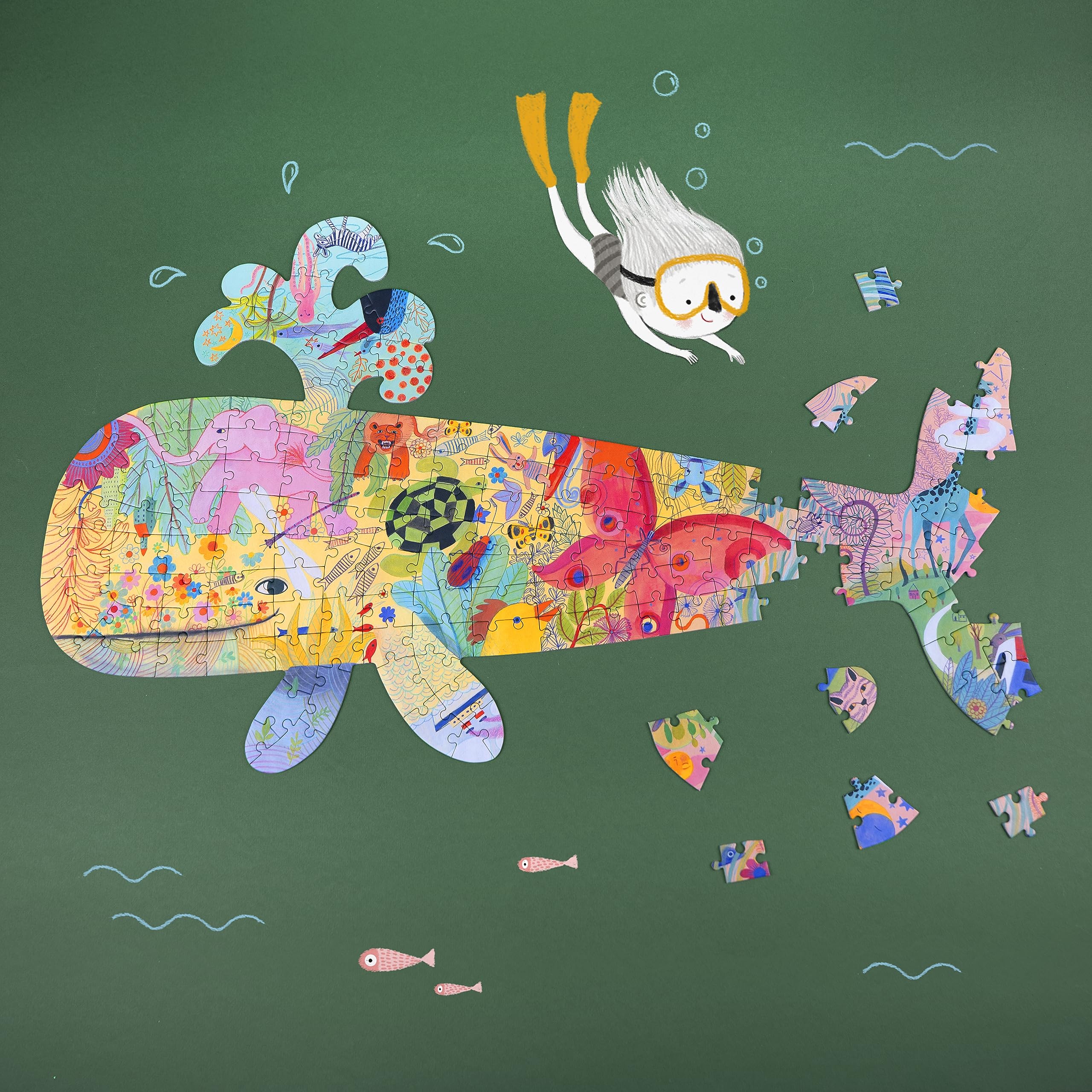DJECO 150 Piece Shaped Jigsaw Puzzle w/Poster - Challenging Activity for Home, School or Gifts - Fun & Creative for Family & Friends, Educational Ocean Puzzle for Kids 6+ - Whale