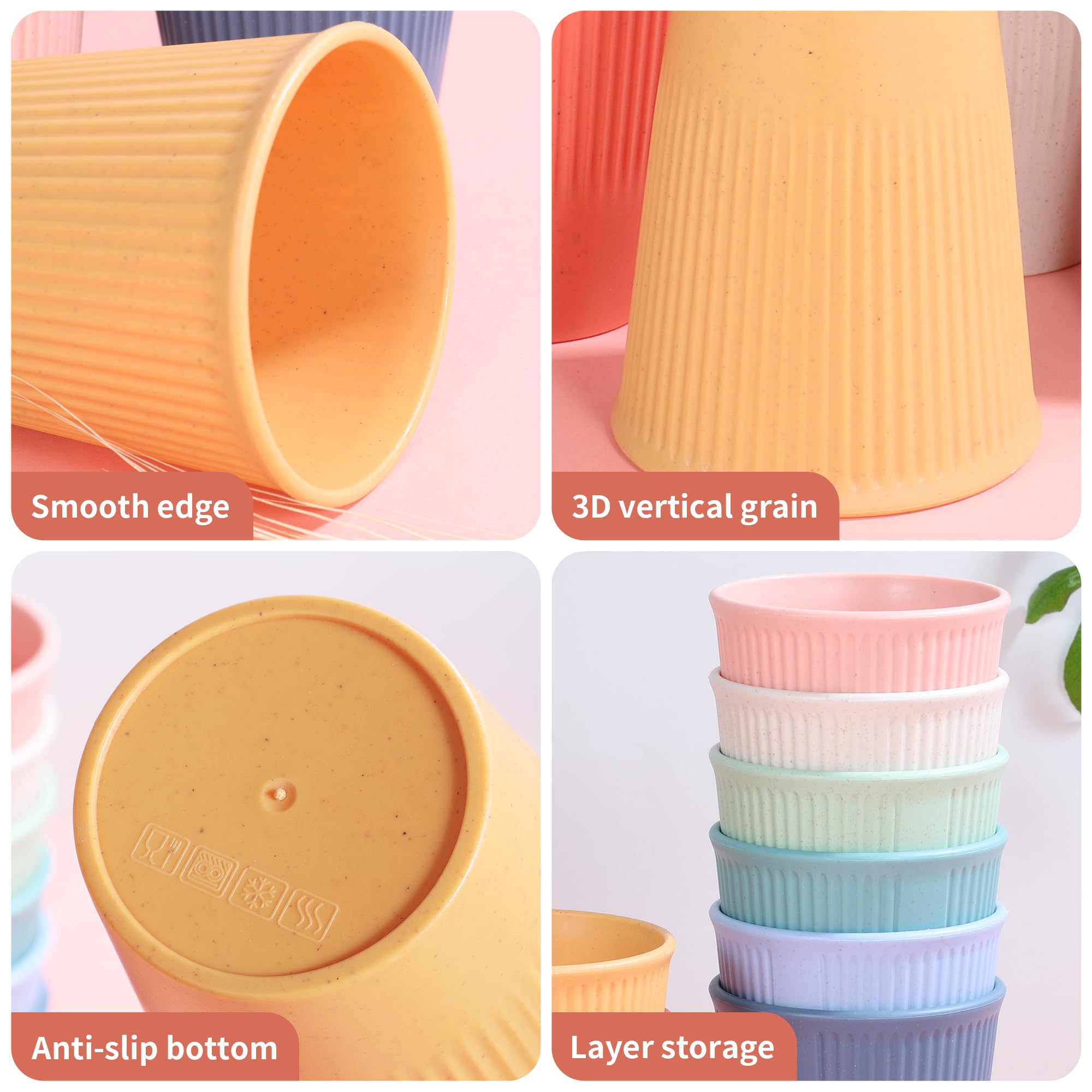 becutlery Wheat Straw Cups, Unbreakable Drinking Cup Dishwasher Safe Water Glasses with 8 Colors for Drinking Water, Juice,Milk, Soda, Coffee,Easy to Clean & Reusable (8 Pcs)
