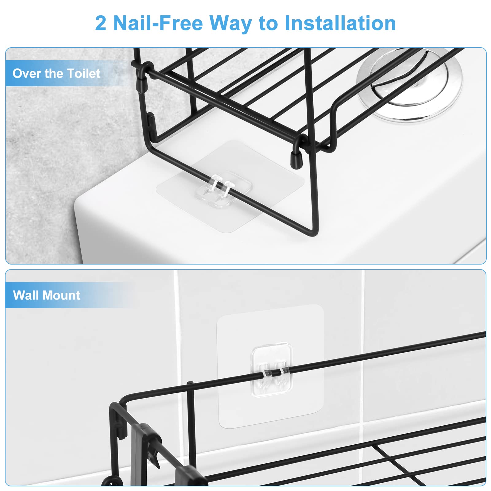 Vrisa Over Toilet Bathroom Organizer, 2-Tier Bathroom Storage Shelf Multifunctional Toilet Rack for Bathroom Decor No Drilling Over Toilet and Wall Mounted Design Space Saver, Black
