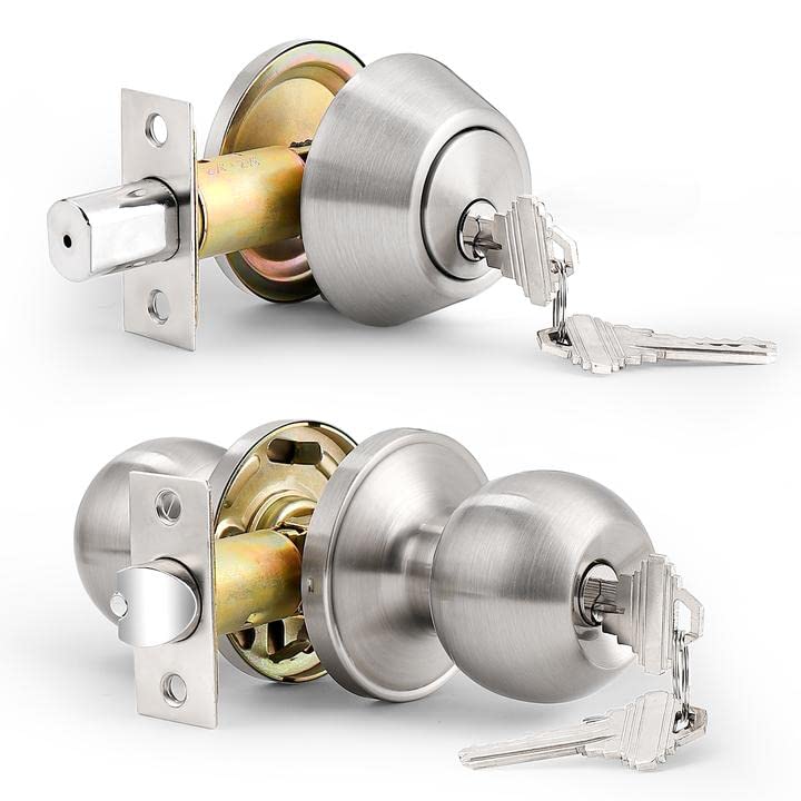 Probrico 3 Pack-Entry Door Knob and Deadbolt Lock Set, handleset with Single Cylinder Deadbolt Keyed Alike Combo Pack, Right or Left Handed, Entry Door Lever Exterior and Interior