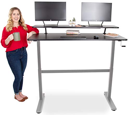 Stand Steady Tranzendesk 55 in Standing Desk with Clamp On Shelf | Easy Crank Height Adjustable Stand Up Workstation w/Attachable Monitor Riser | Holds 3 Monitors & Adds Desk Space (55/Silver Base)