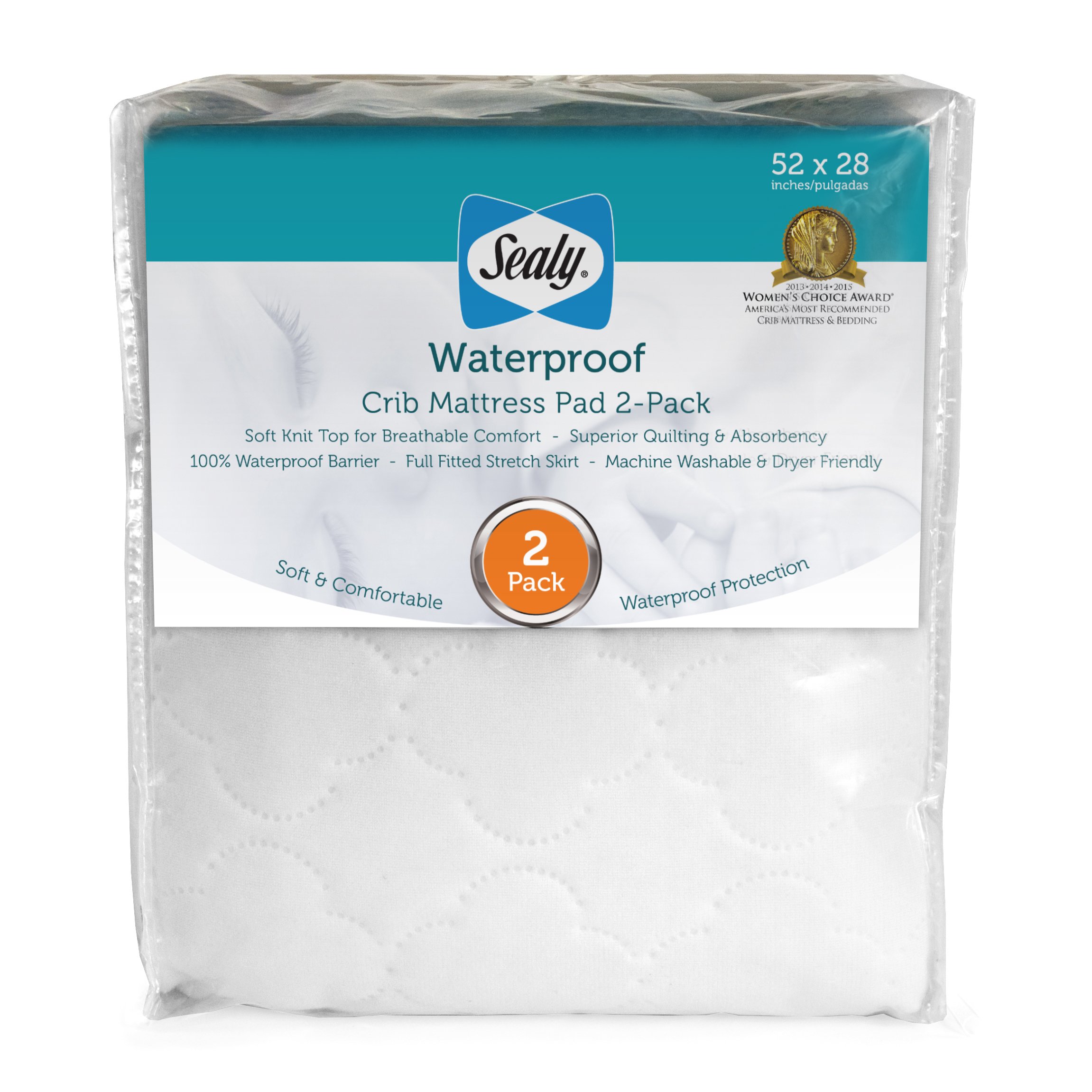 Sealy Waterproof Fitted Crib/Toddler Mattress Pad Cover 2-Pack - 100% Waterproof, Deep Fitted Stretch Skirt, Machine Washable & Dryer Friendly 52”x28” - 2 Protector Pads (White)