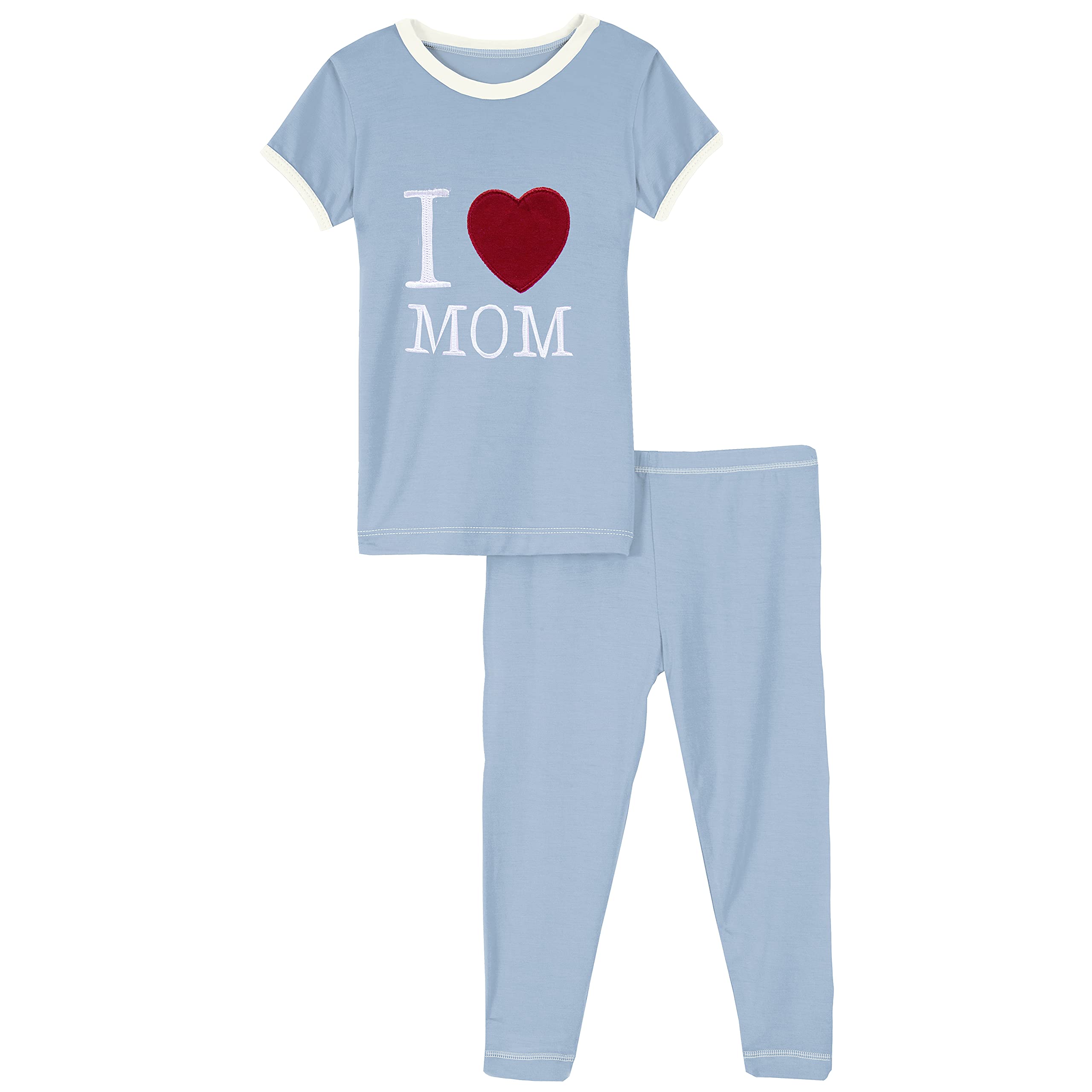KicKee Pants Two-Piece Applique Pajama Set with Short Sleeves, I Love Mom Baby Pajamas (Pond I Love Mom, 5 Years)