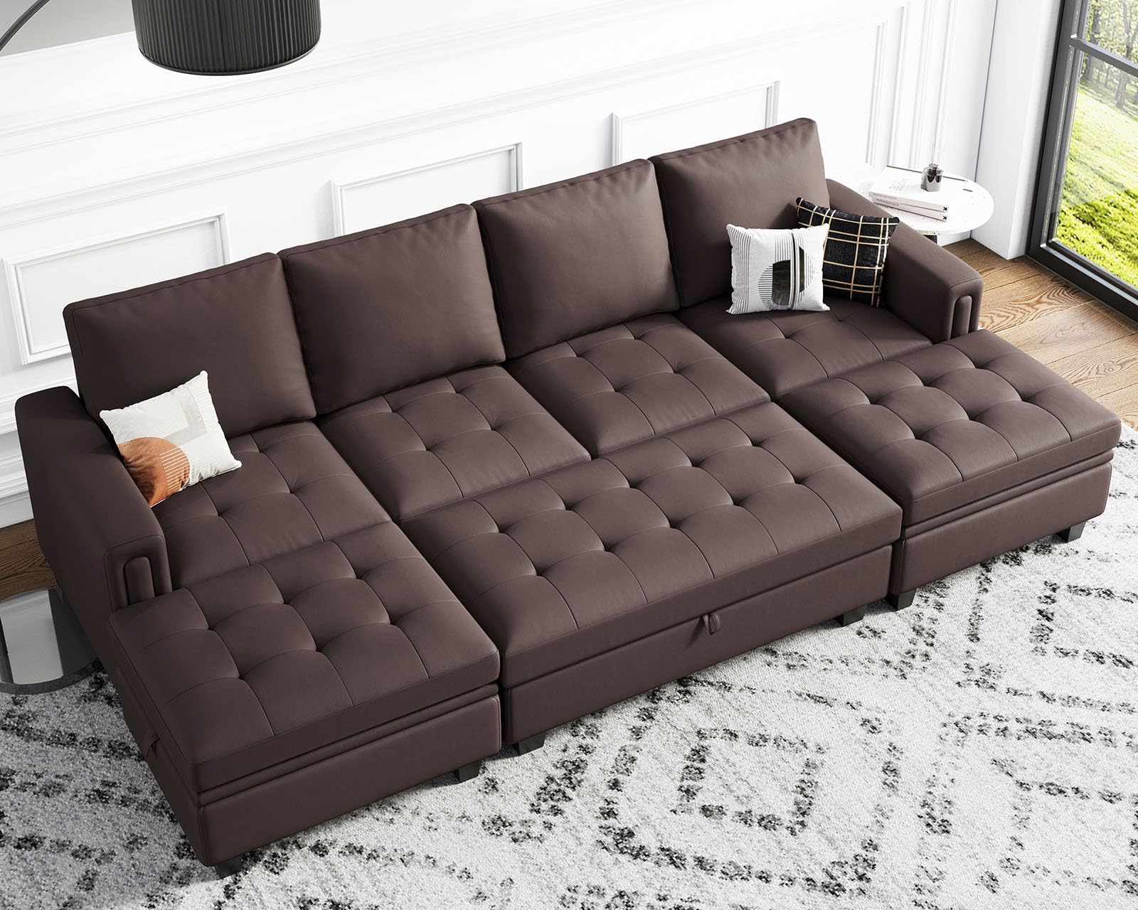 Belffin Faux Leather Convertible 4-Seat Sectional Sleeper Sofa with Reversible Chaise Leather Sleeper Sectional Couch Bed with Storage Ottoman Sectional Sofa Couch Set Brown