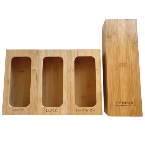 HEMMA Ziplock Bag Organizer, Premium Bamboo, Kitchen Drawer Organizer, Ziplock Bag Storage Organizer, Baggie Organizer, Compatible with Ziploc, Hefty, Solimo, etc. 4 Piece Set